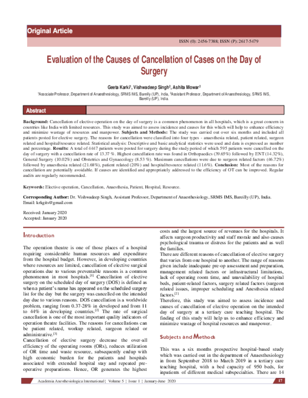 (PDF) Evaluation of the Causes of Cancellation of Cases on the Day of ...