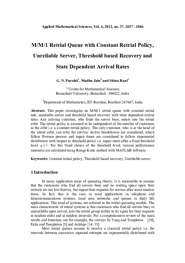 (PDF) M/M/1 Retrial Queue with Constant Retrial Policy, Unreliable ...