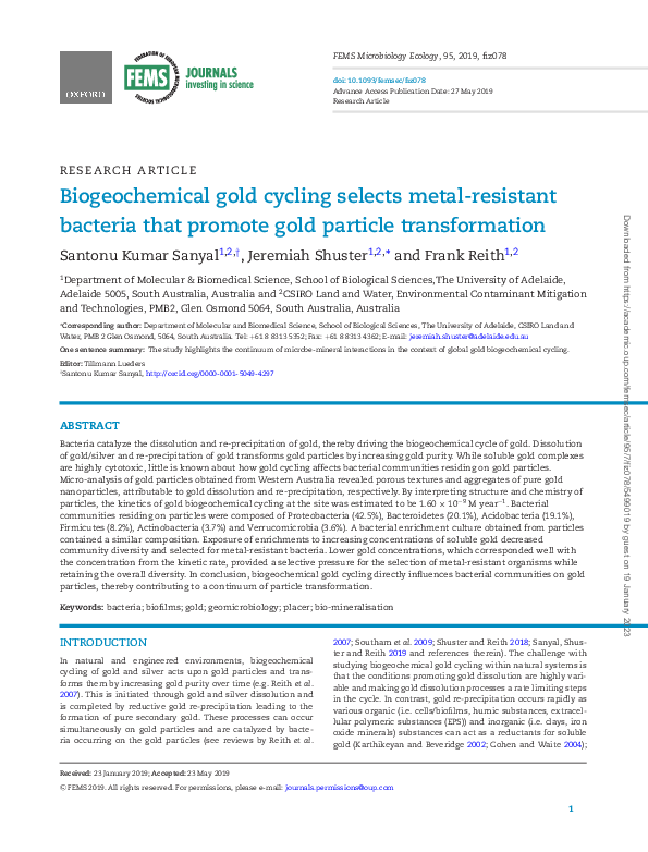 (PDF) Biogeochemical gold cycling selects metal-resistant bacteria that ...