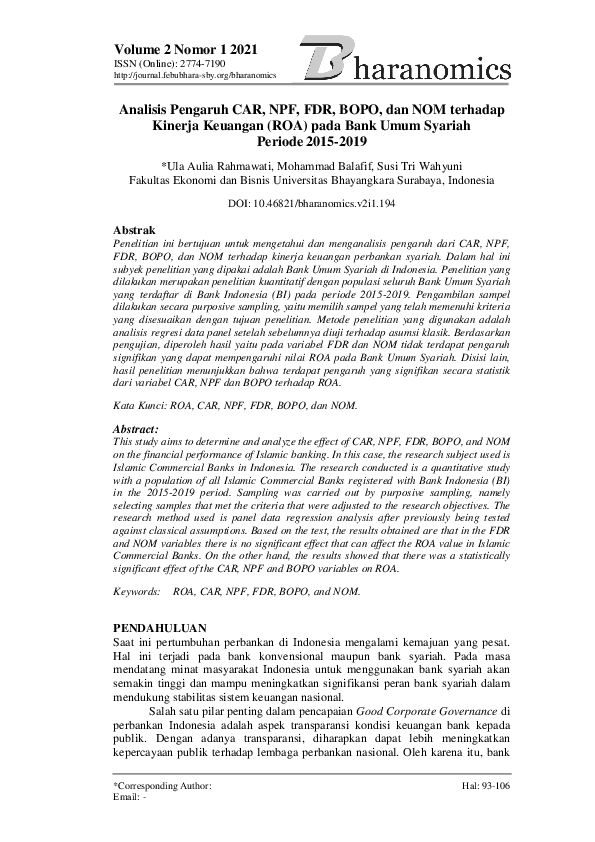 (PDF) Analisis Pengaruh CAR, NPF, FDR, BOPO, dan NOM Terhadap Kinerja Keuangan (ROA) Pada Bank ...
