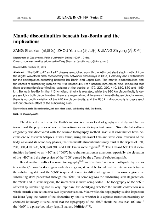 (PDF) Mantle discontinuities beneath Izu-Bonin and the implications