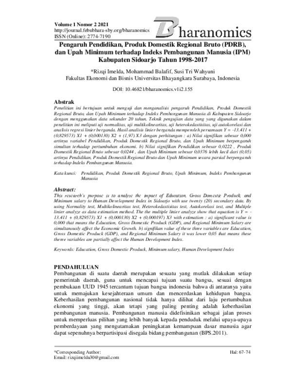 (PDF) Pengaruh Pendidikan, Produk Domestik Regional Bruto (PDRB), dan ...