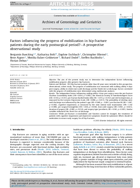 (PDF) Factors influencing the progress of mobilization in hip fracture ...
