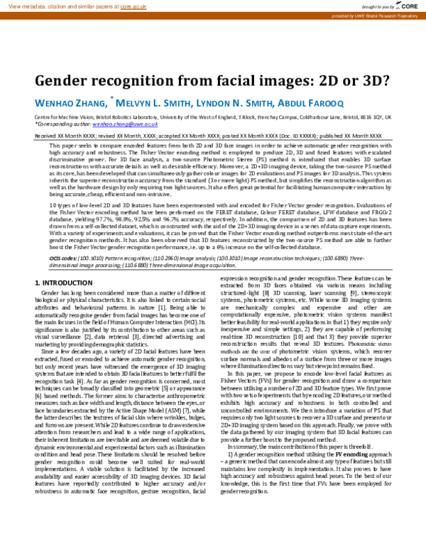 Pdf Gender Recognition From Facial Images Two Or Three Dimensions Melvyn Smith