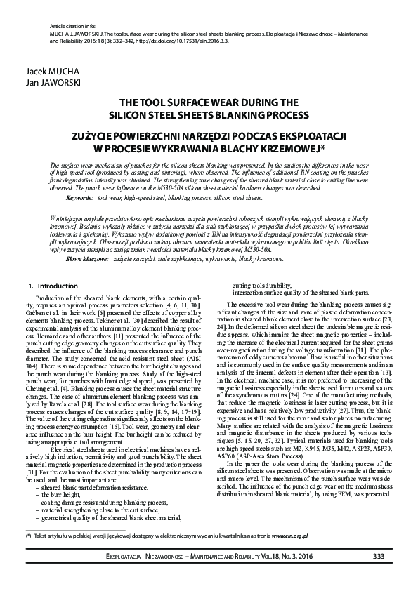 (PDF) The tool surface wear during the silicon steel sheets blanking ...
