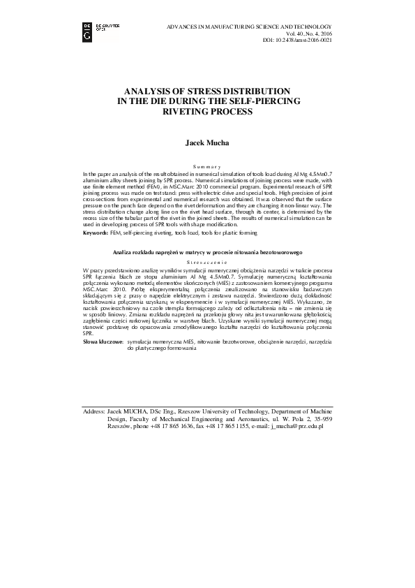 (PDF) Analysis of stress distribution in the die during the self-piercing riveting process ...