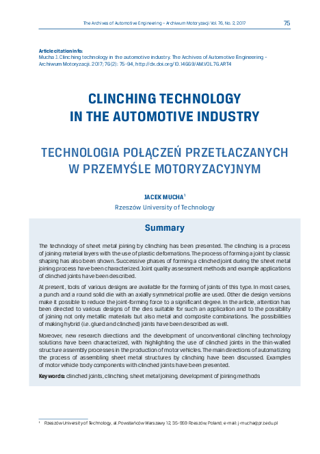 (PDF) Clinching technology in the automotive industry
