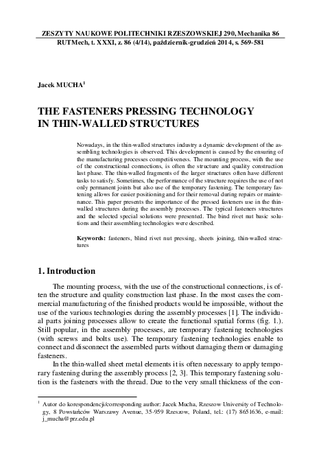 (PDF) The fasteners pressing technology in thin-walled structures