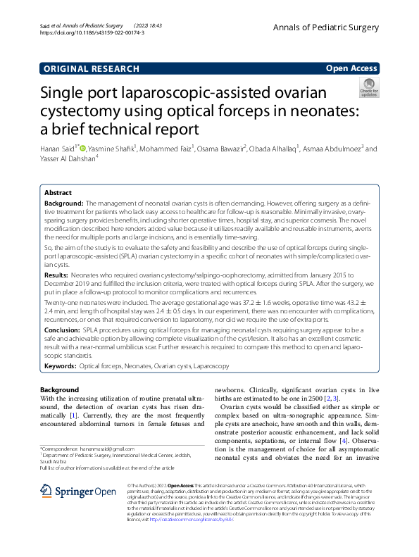 (PDF) Single port laparoscopic-assisted ovarian cystectomy using ...