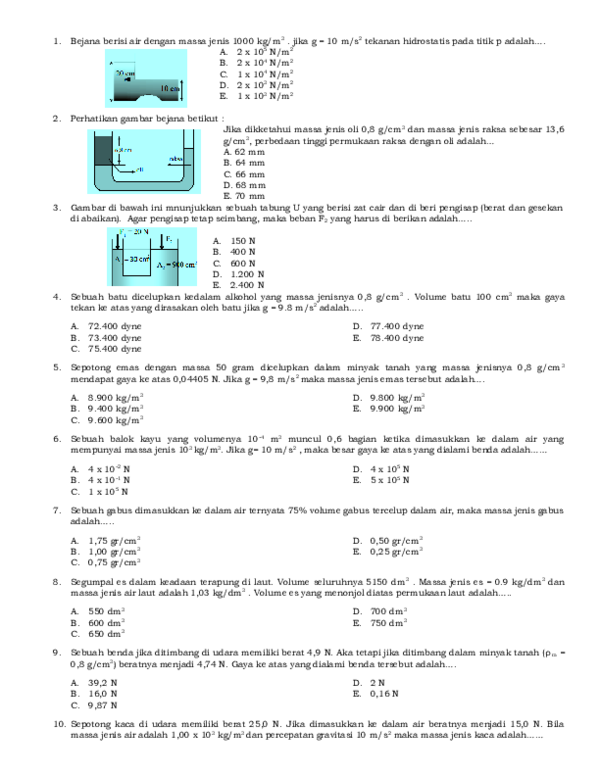(DOC) LATIHAN SOAL FLUIDA STATIS 1