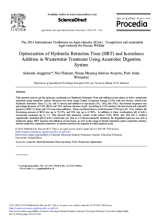 (PDF) Optimization of Hydraulic Retention Time (HRT) and Inoculums ...