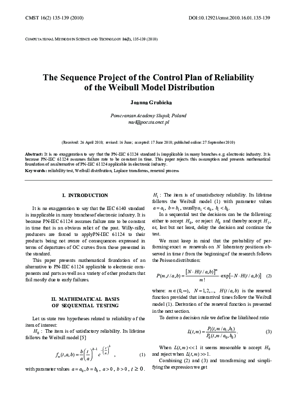 (PDF) The Sequence Project of the Control Plan of Reliability of the Weibull Model Distribution