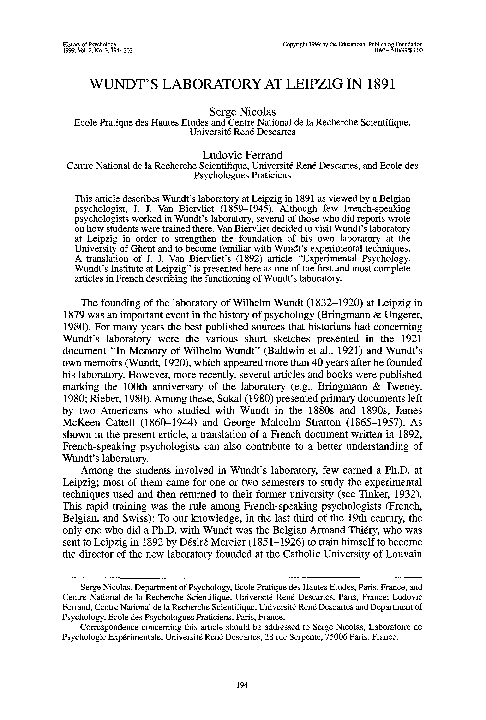(PDF) Wundt's laboratory at Leipzig in 1891