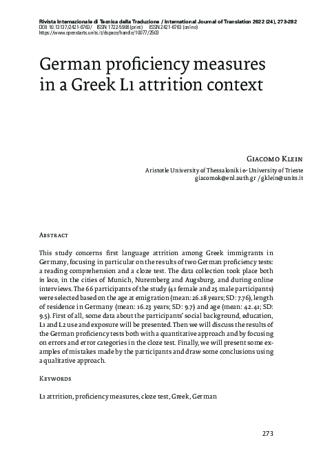 (PDF) German proficiency measures in a Greek L1 attrition context