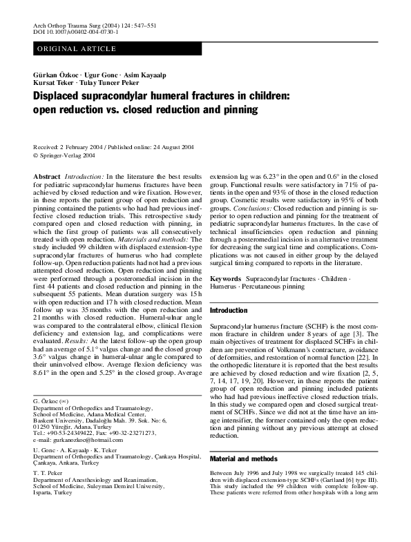 (PDF) Open vs Closed Reduction for Pediatric Humeral Fractures