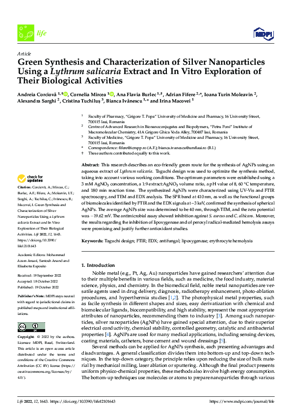 (PDF) Green Synthesis and Characterization of Silver Nanoparticles Using a Lythrum salicaria ...