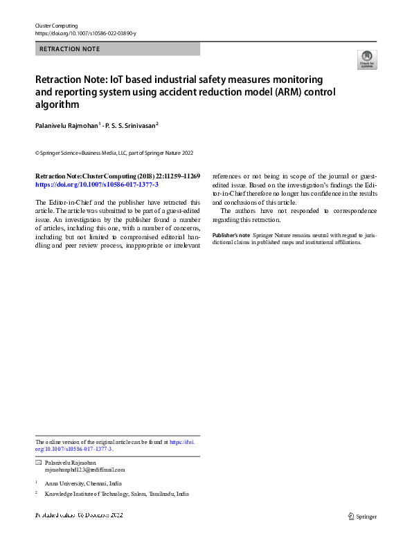 Pdf Retraction Note Iot Based Industrial Safety Measures Monitoring