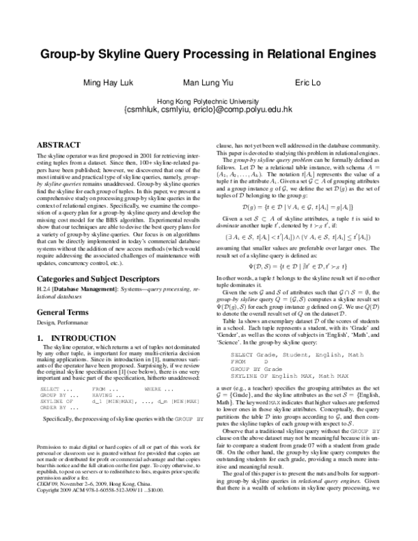 Pdf Group By Skyline Query Processing In Relational Engines