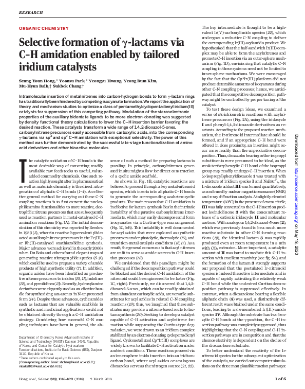 (PDF) Selective formation of γ-lactams via C-H amidation enabled by ...