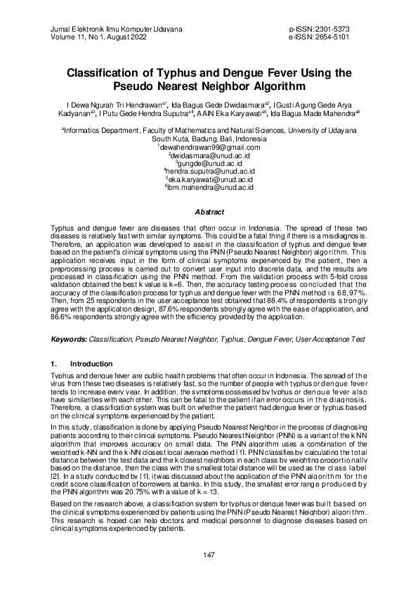Pdf Classification Of Typhus And Dengue Fever Using The Pseudo Nearest Neighbor Algorithm