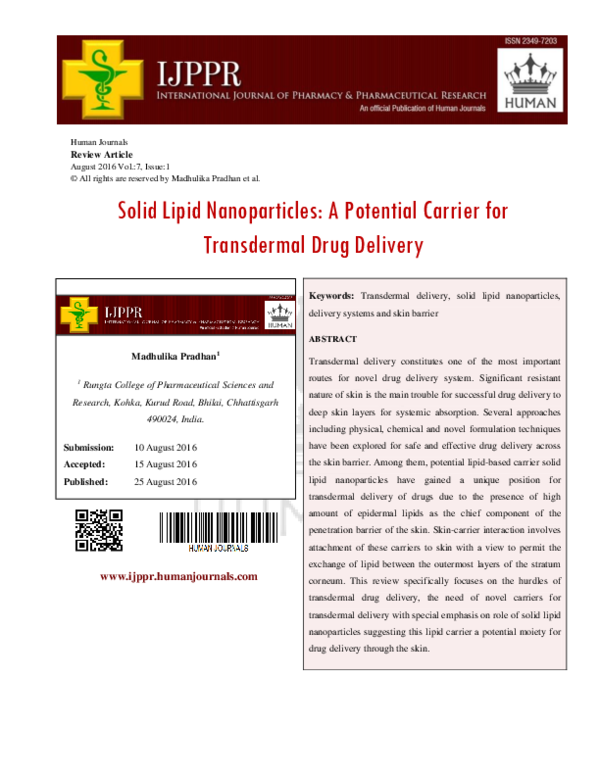 (PDF) Solid Lipid Nanoparticles: A Potential Carrier for Transdermal ...