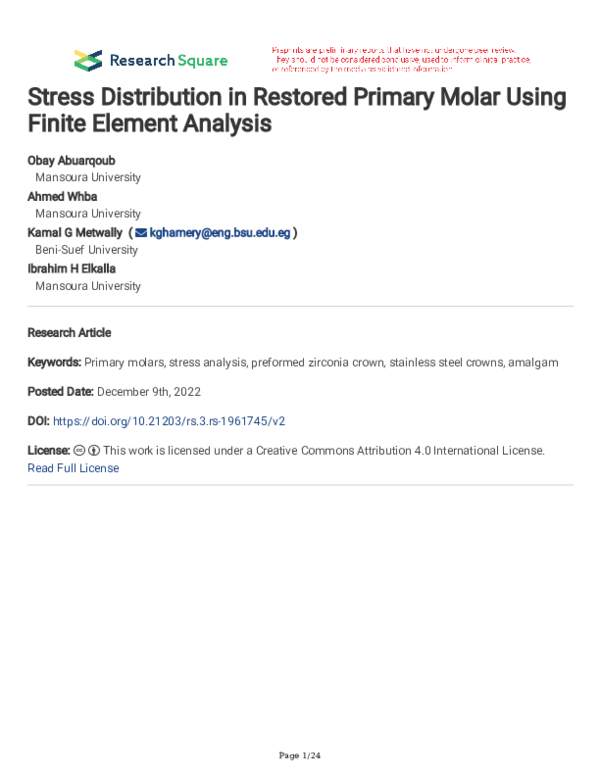 Pdf Stress Distribution In Restored Primary Molar Using Finite Element Analysis