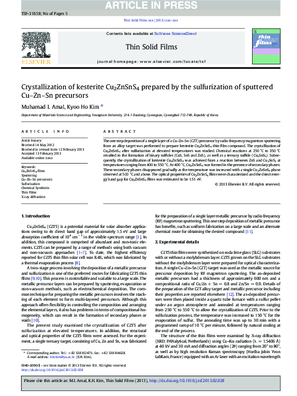 (PDF) Crystallization of kesterite Cu2ZnSnS4 prepared by the ...