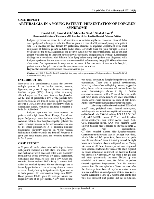 (PDF) Arthralgia in a Young Patient: Presentation of Lofgren Syndrome