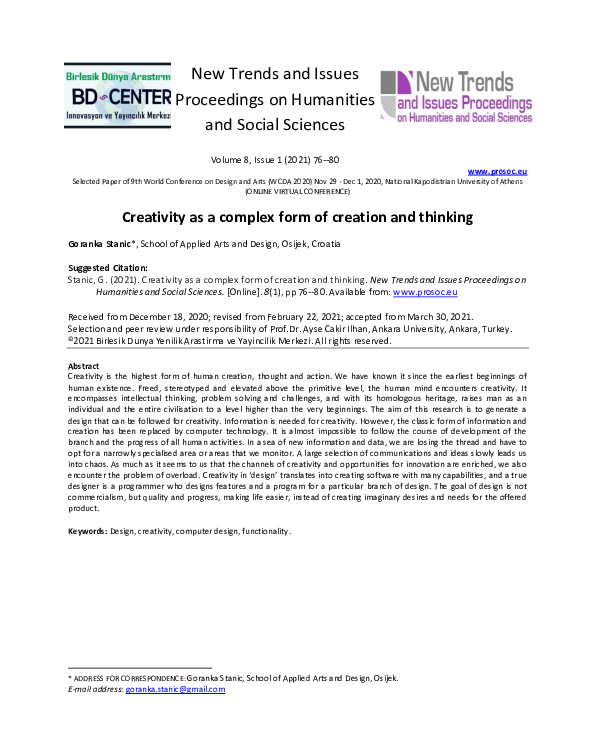 (PDF) Creativity as a complex form of creation and thinking