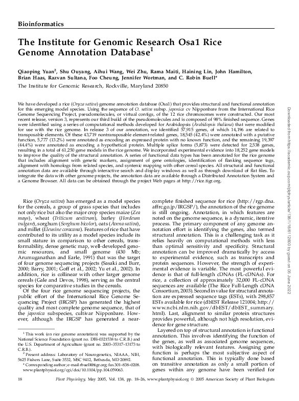 (PDF) The Institute for Genomic Research Osa1 Rice Genome Annotation Database