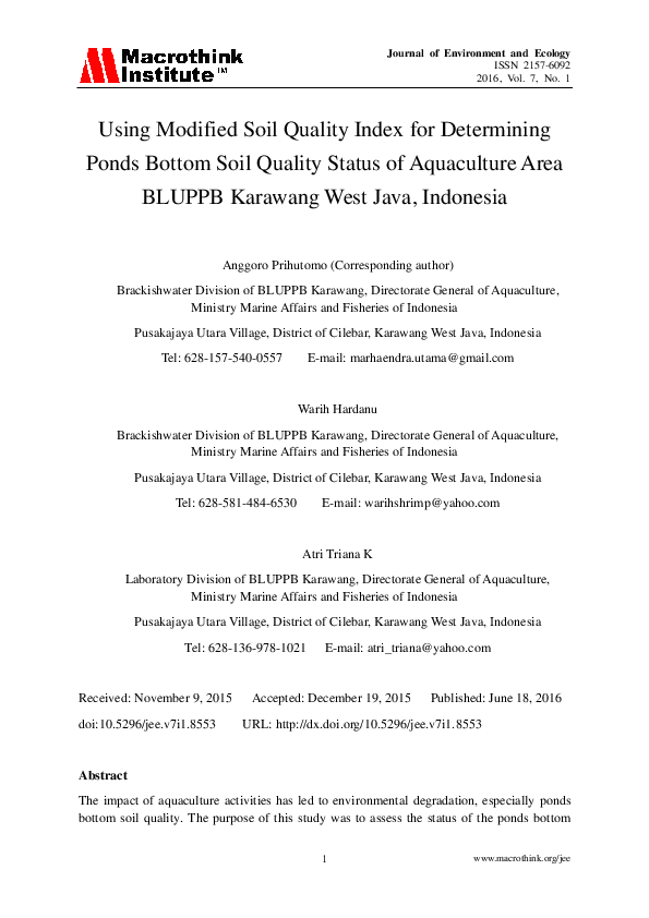 (PDF) Using Modified Soil Quality Index for Determining Ponds Bottom Soil Quality Status of ...