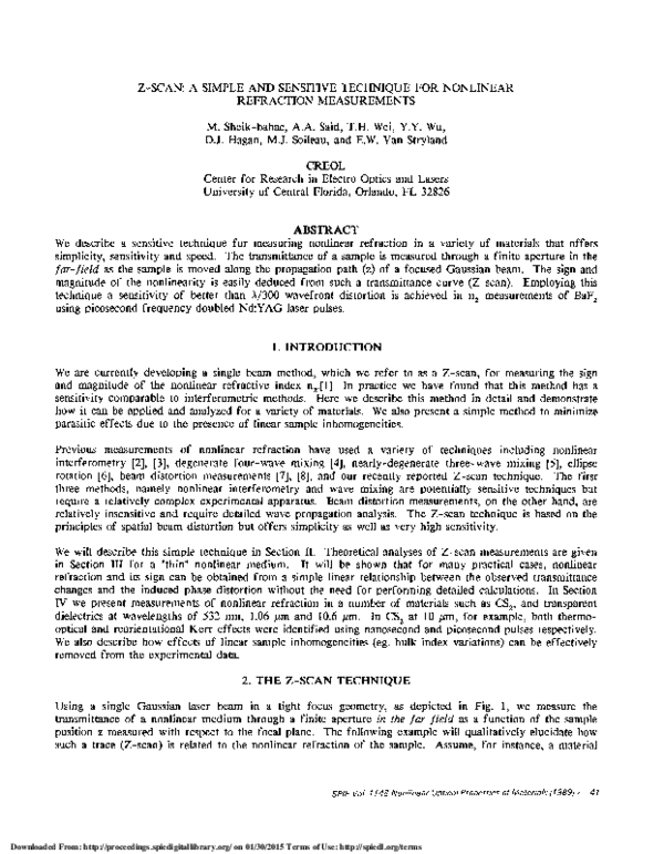 Pdf Z Scan A Simple And Sensitive Technique For Nonlinear Refraction Measurements