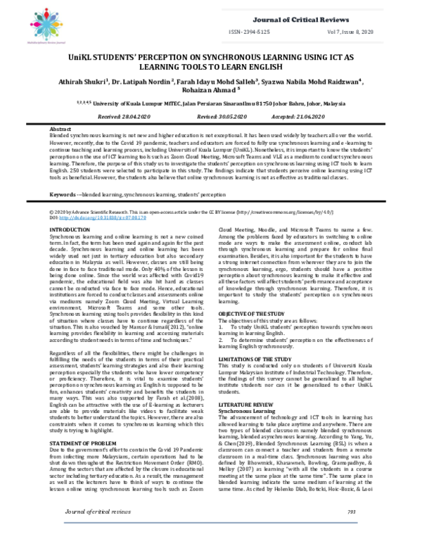 (PDF) UniKL STUDENTS’ PERCEPTION ON SYNCHRONOUS LEARNING USING ICT AS LEARNING TOOLS TO LEARN ...