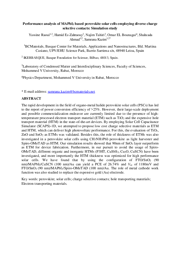 (PDF) Performance analysis of MAPbI3 based perovskite solar cells employing diverse charge ...