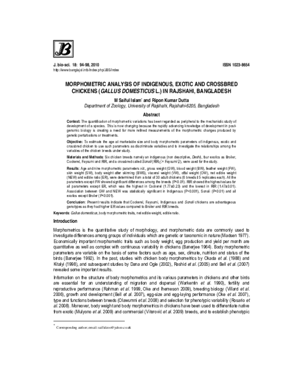 (PDF) Morphometric analysis of indigenous, exotic and crossbred chickens (gallus domesticus L ...