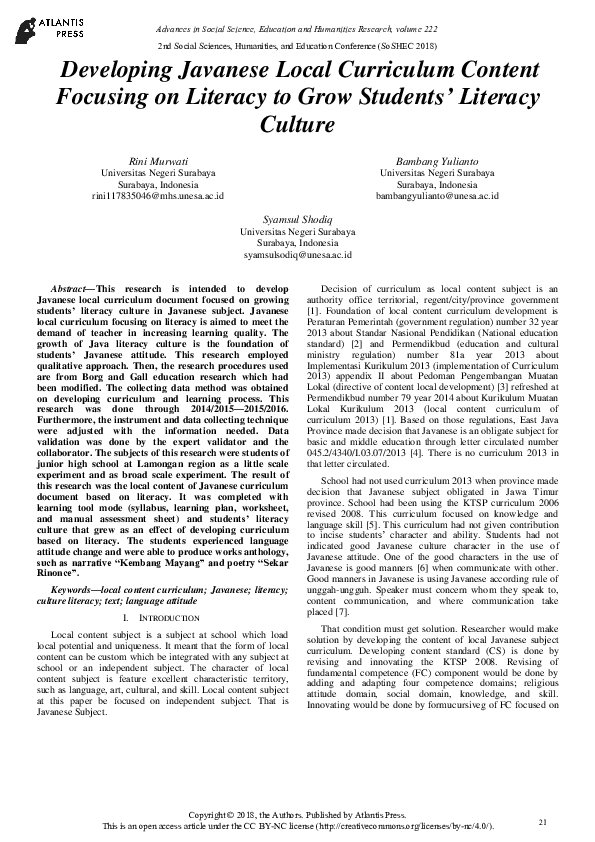 (PDF) Developing Javanese Local Curriculum Content Focusing on Literacy ...
