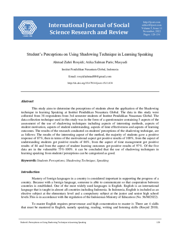 (PDF) Student’s Perceptions on Using Shadowing Technique in Learning Speaking