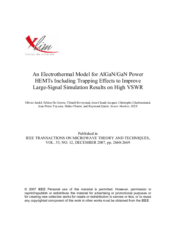 (PDF) An Electrothermal Model for AlGaN/GaN Power HEMTs Including Trapping Effects to Improve ...