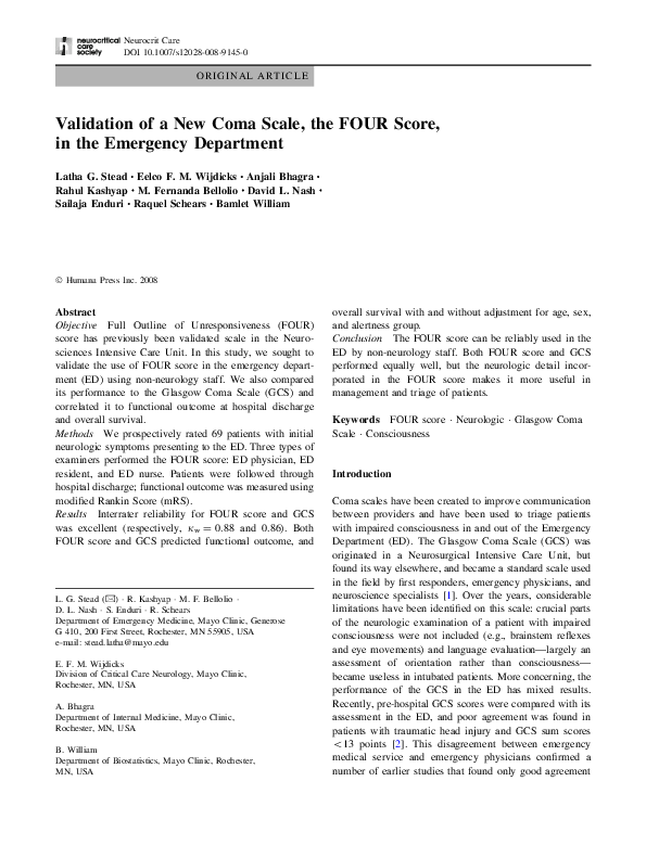 (PDF) Validation of a New Coma Scale, the FOUR Score, in the Emergency ...