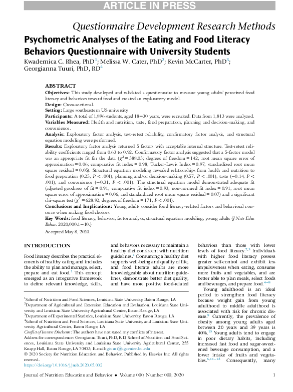 (PDF) Psychometric Analyses of the Eating and Food Literacy Behaviors ...
