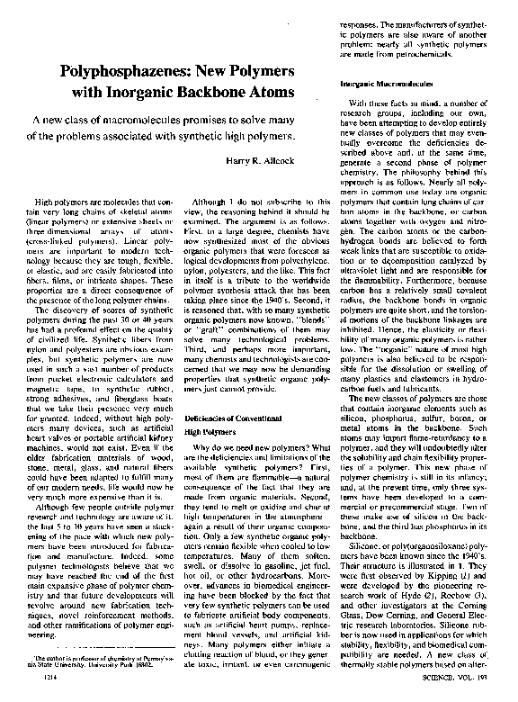 (PDF) Polyphosphazenes: New Polymers with Inorganic Backbone Atoms