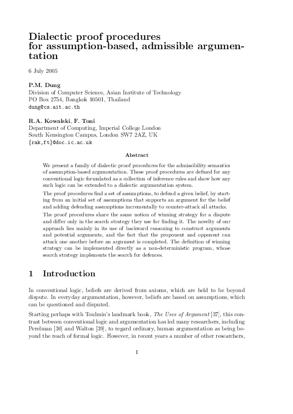 Pdf Dialectic Proof Procedures For Assumption Based Admissible Argumentation