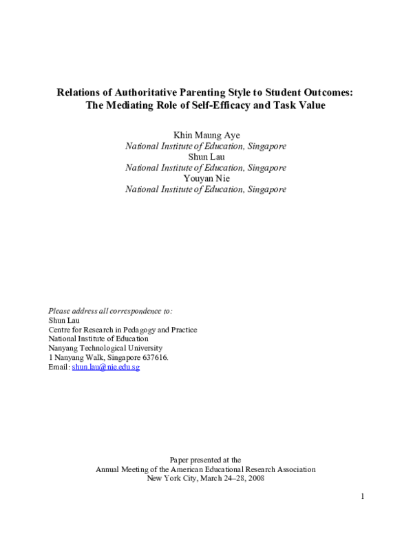 (PDF) Relations of authoritative parenting style to student outcomes: The mediating role of self ...