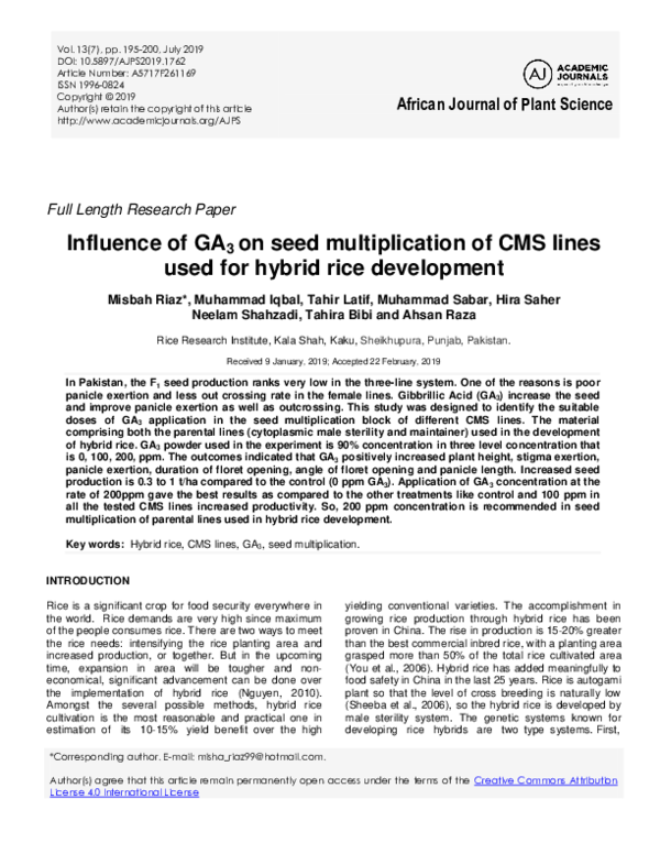 (PDF) Influence of GA3 on seed multiplication of CMS lines used for ...