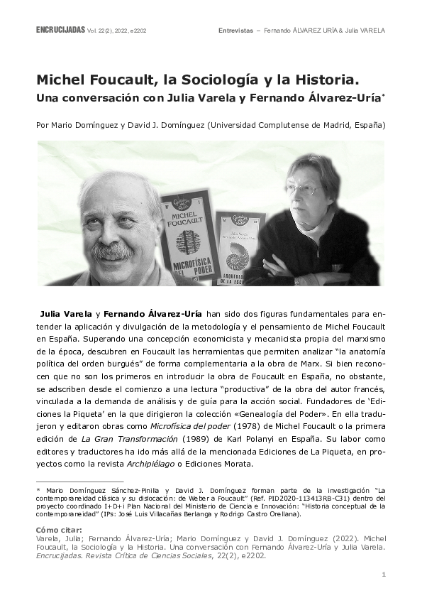 (PDF) Michel Foucault, la Sociología y la Historia. Una conversación con Julia Varela y Fernando ...