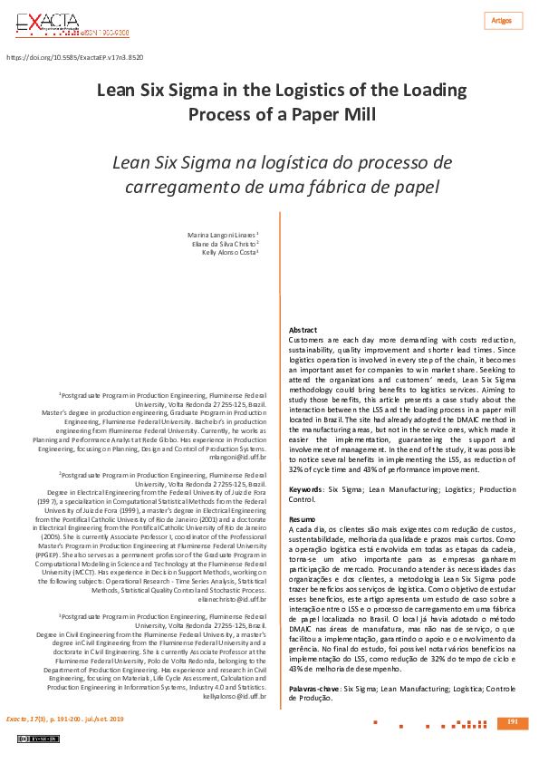 (PDF) Lean Six Sigma in the logistics of the loading process of a paper mill