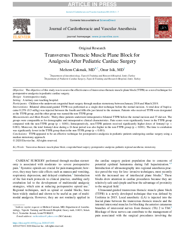(PDF) Transversus Thoracic Muscle Plane Block for Analgesia After ...