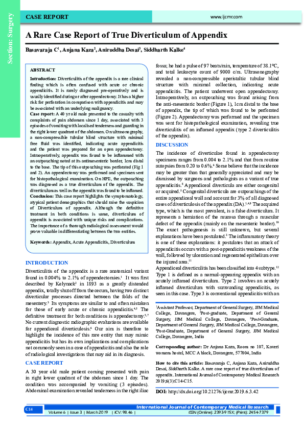 (PDF) A Rare Case Report of True Diverticulum of Appendix