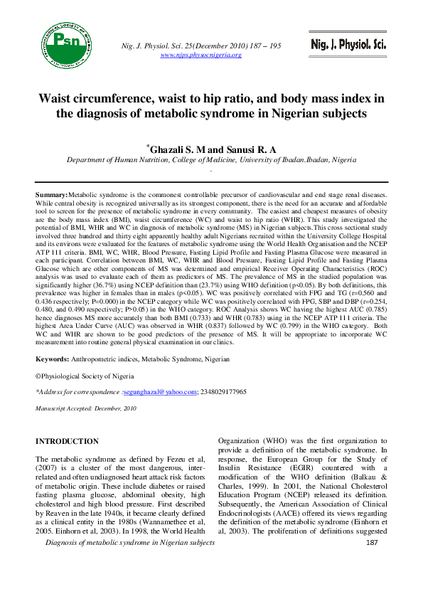 (PDF) Waist circumference, waist to hip ratio, and body mass index in the diagnosis of metabolic ...