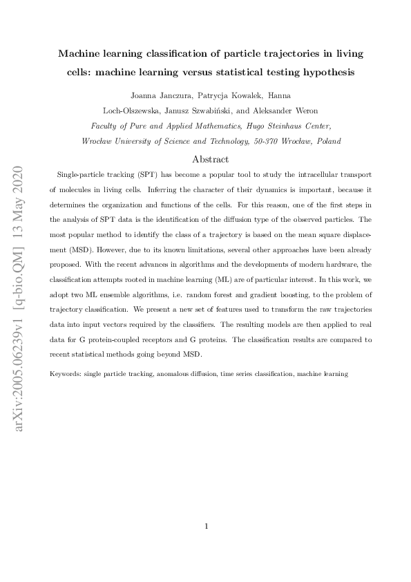 (PDF) Machine learning classification of particle trajectories in living cells: machine learning ...